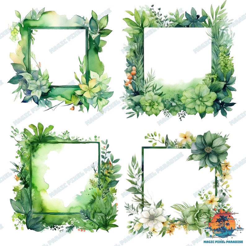 Watercolor Greens Frames Borders | 40 Digital Greens Frame Clipart PNG ...