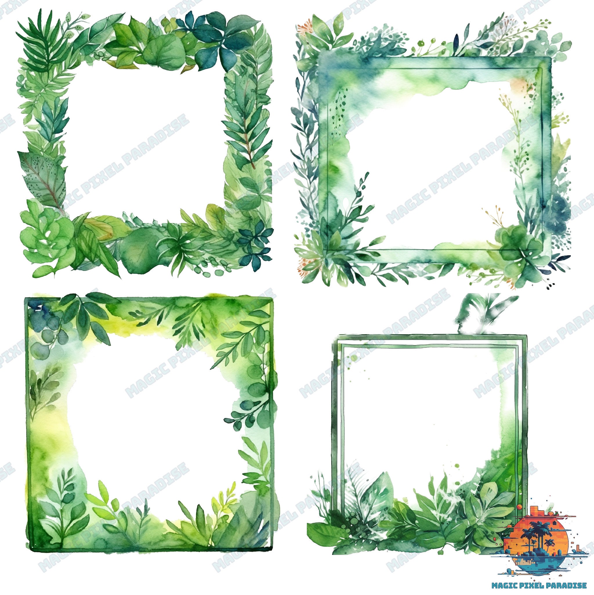 Watercolor Greens Frames Borders 40 Digital Greens Frame Clipart PNG ...