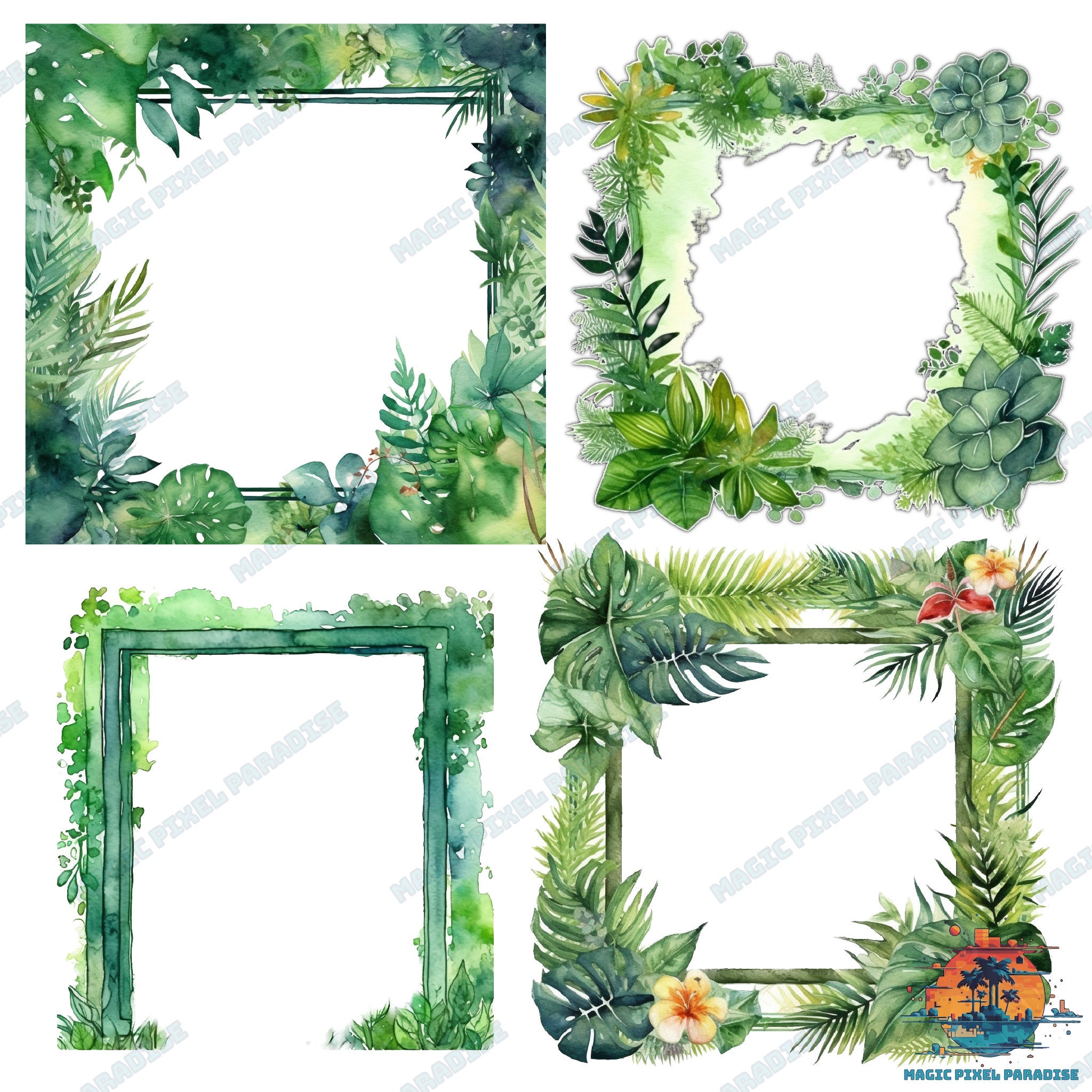 Watercolor Greens Frames Borders 40 Digital Greens Frame Clipart PNG ...