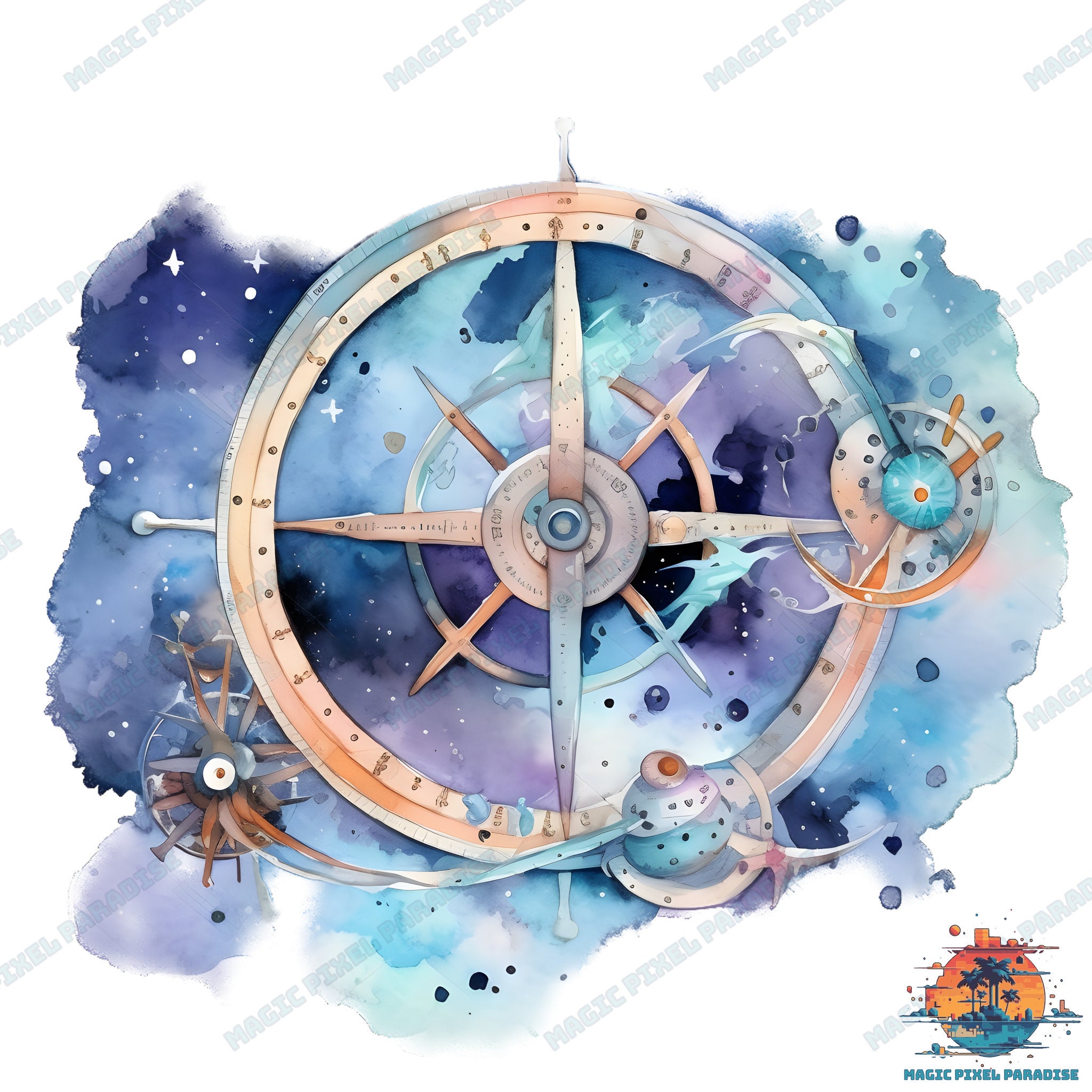 Watercolor Astrolabe Clipart | Fantasy Magic Celestial Watercolor | PNG Format | Instant ...