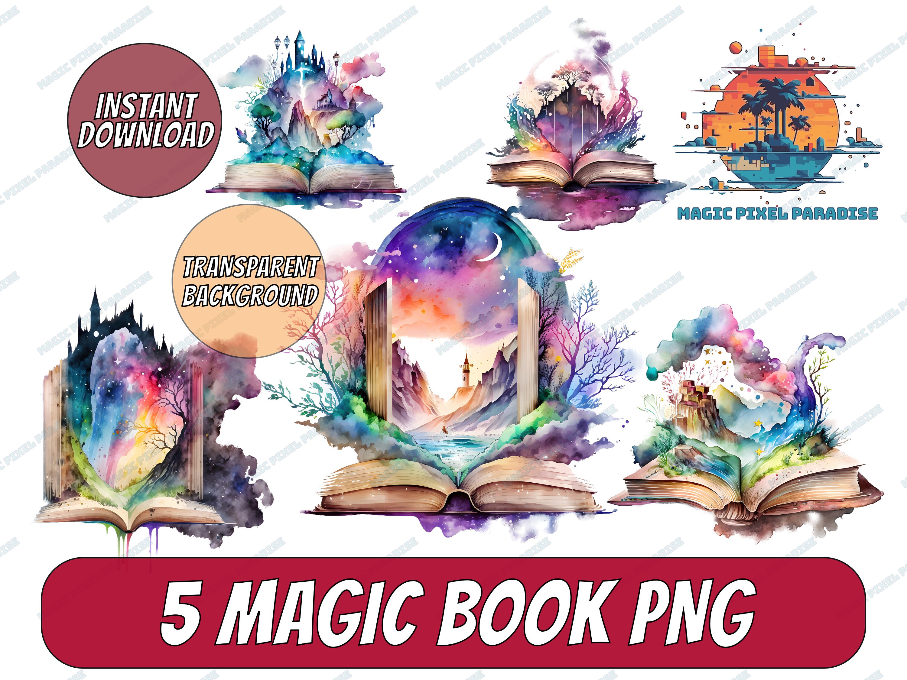 5 PNG Watercolor Fantasy Books Clipart | Open Book Clip Art | Magic ...