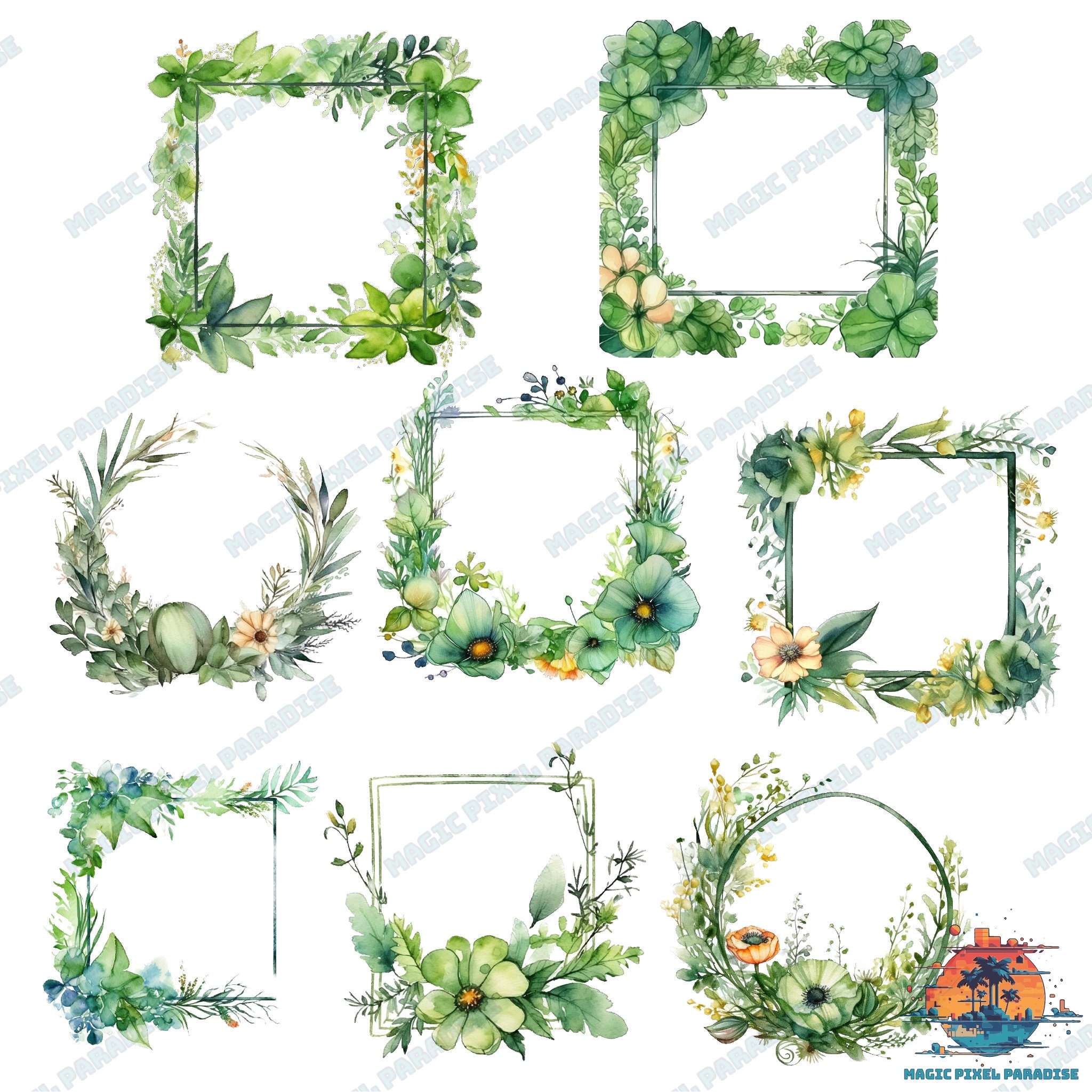 Watercolor Greens Frames Borders 40 Digital Greens Frame Clipart PNG ...