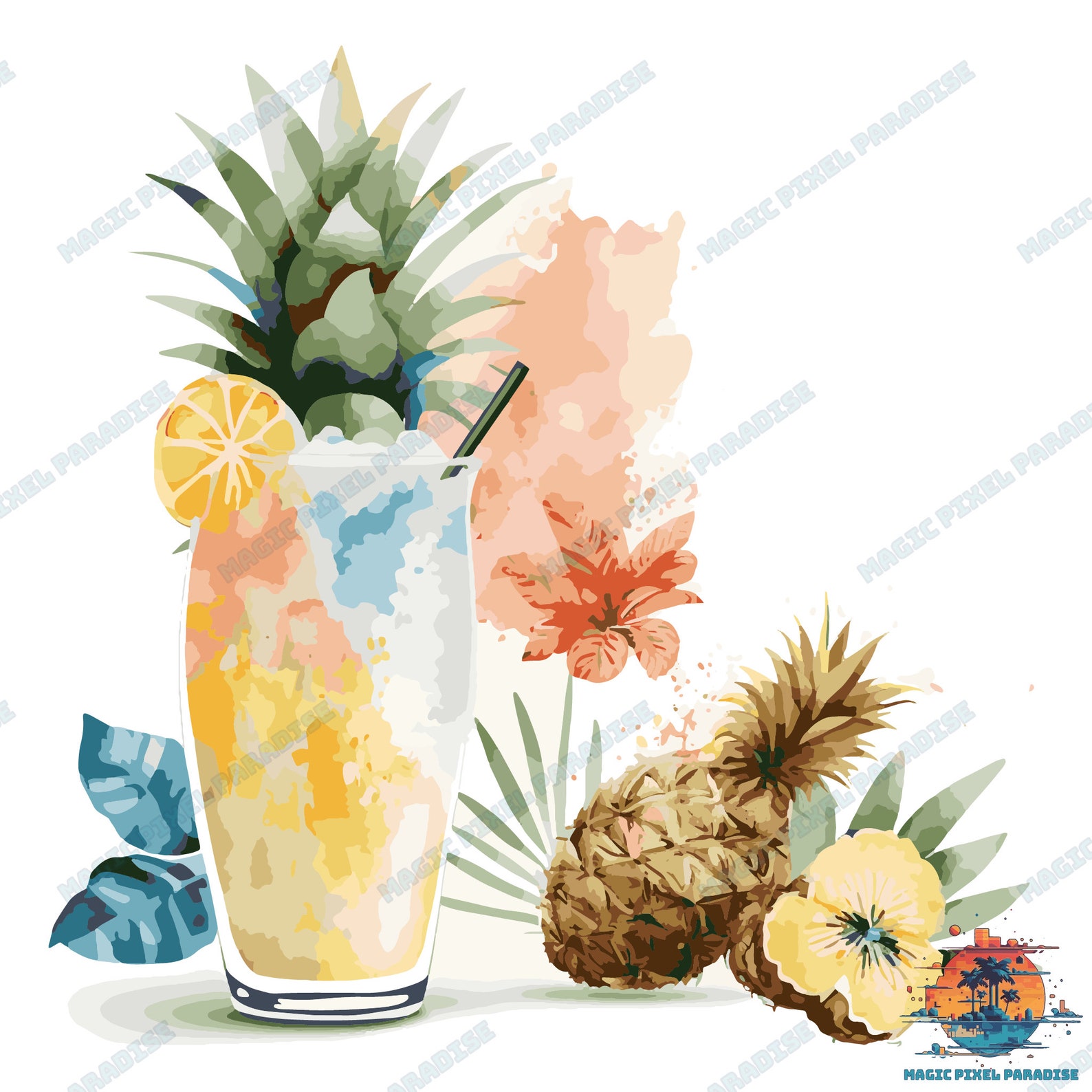 Watercolor Pina Colada Clipart Pina Colada SVG Digital PNG a Tropical ...