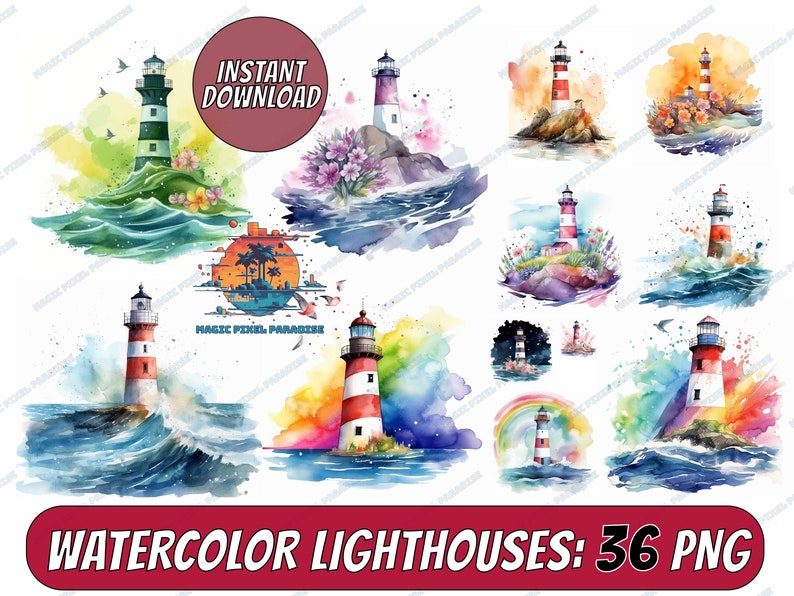 Watercolor Lighthouses Clipart - Cute Nautical Ocean Clip Art Graphics ...