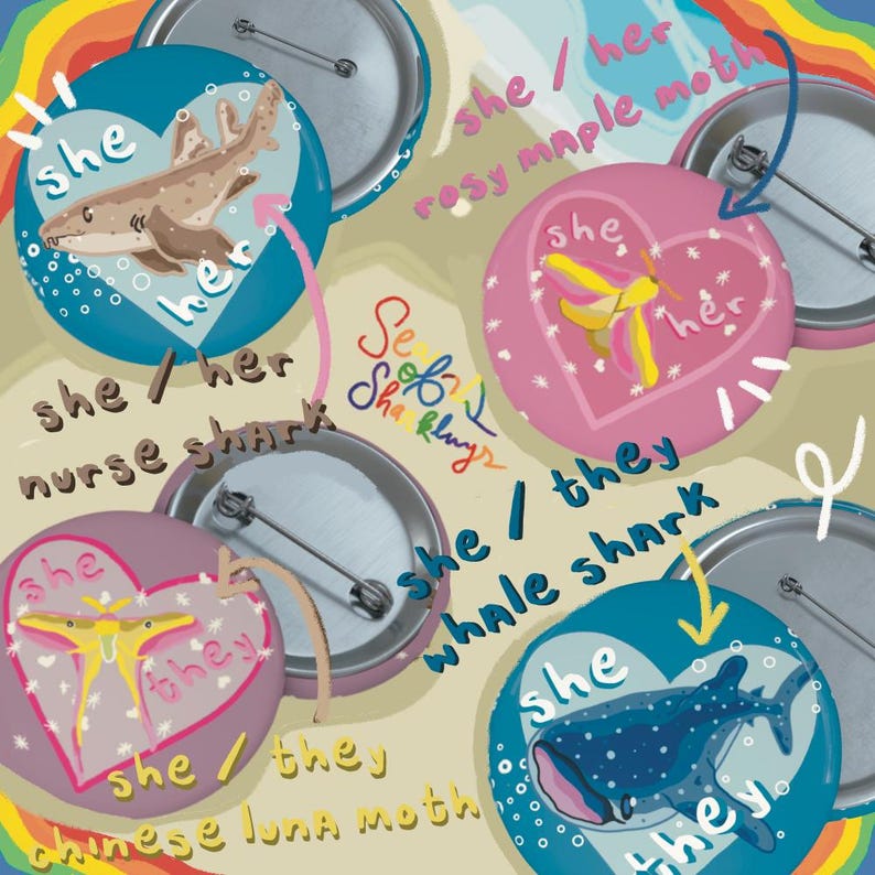 Shark & Moth Pronoun Pin/badge | Choose Your Pronouns, LGBTQ+ - Etsy