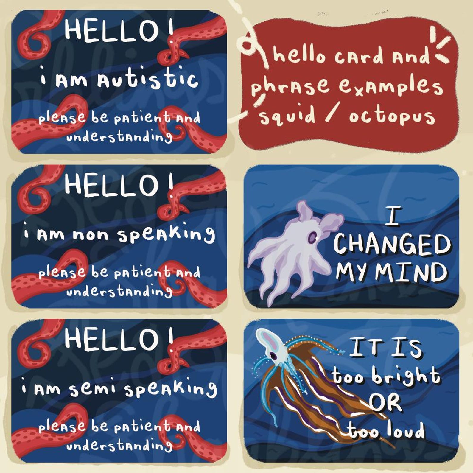 Octopus / Squid, Jellyfish, & Nudibranch Themed Communication Cards ...