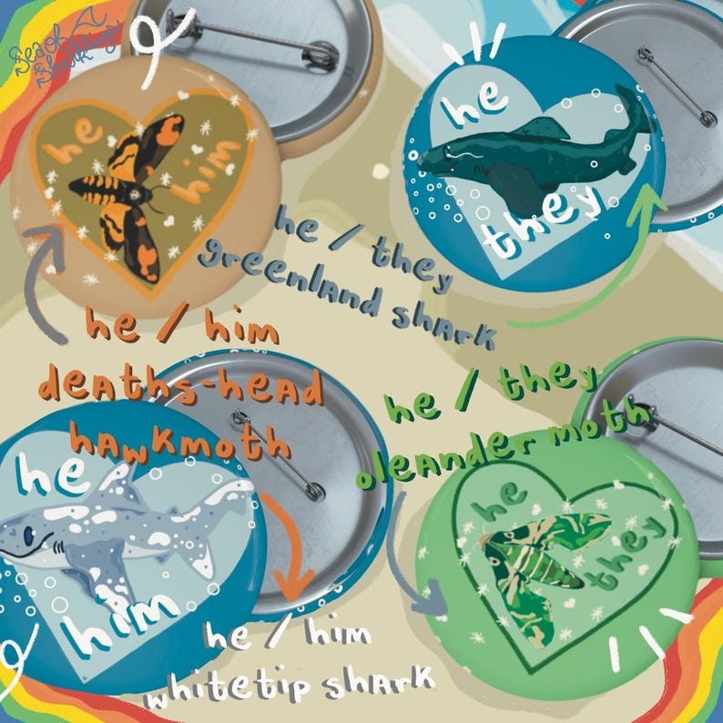 Shark & Moth Pronoun Pin/badge | Choose Your Pronouns, LGBTQ+ - Etsy