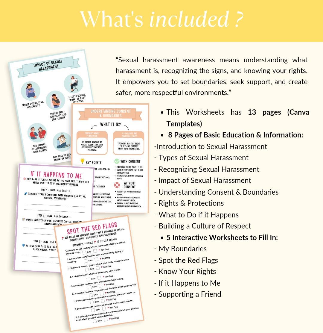 Sexual Harassment Awareness Worksheet | Safety, Boundaries & Consent ...