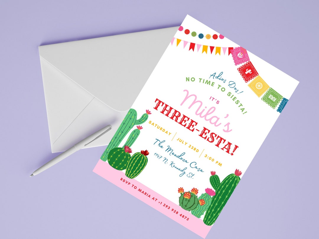 Girls Three-esta Birthday Invitation Girls 3rd Fiesta - Etsy