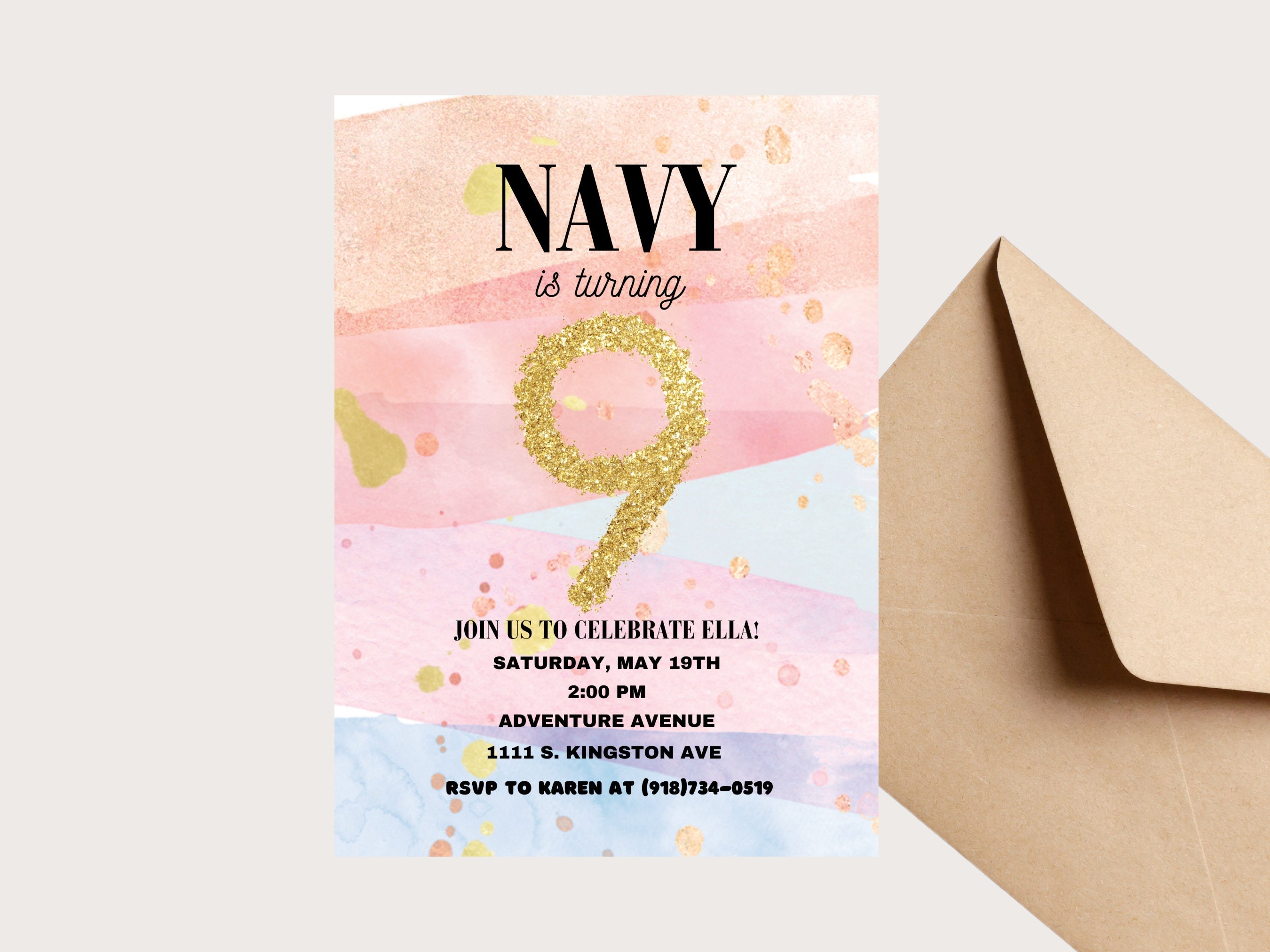 Pastel Rainbow 9th Birthday Invitation Pastel Watercolor 9th Birthday ...