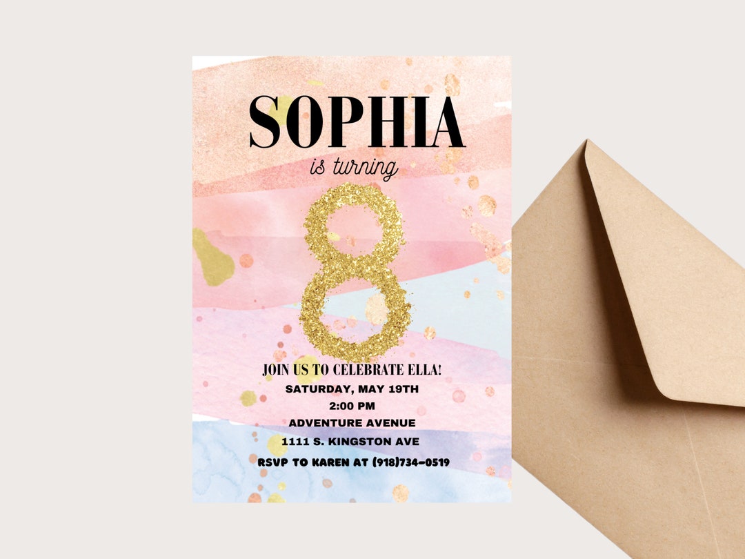 Pastel Rainbow 8th Birthday Invitation Pastel Watercolor 8th Birthday ...