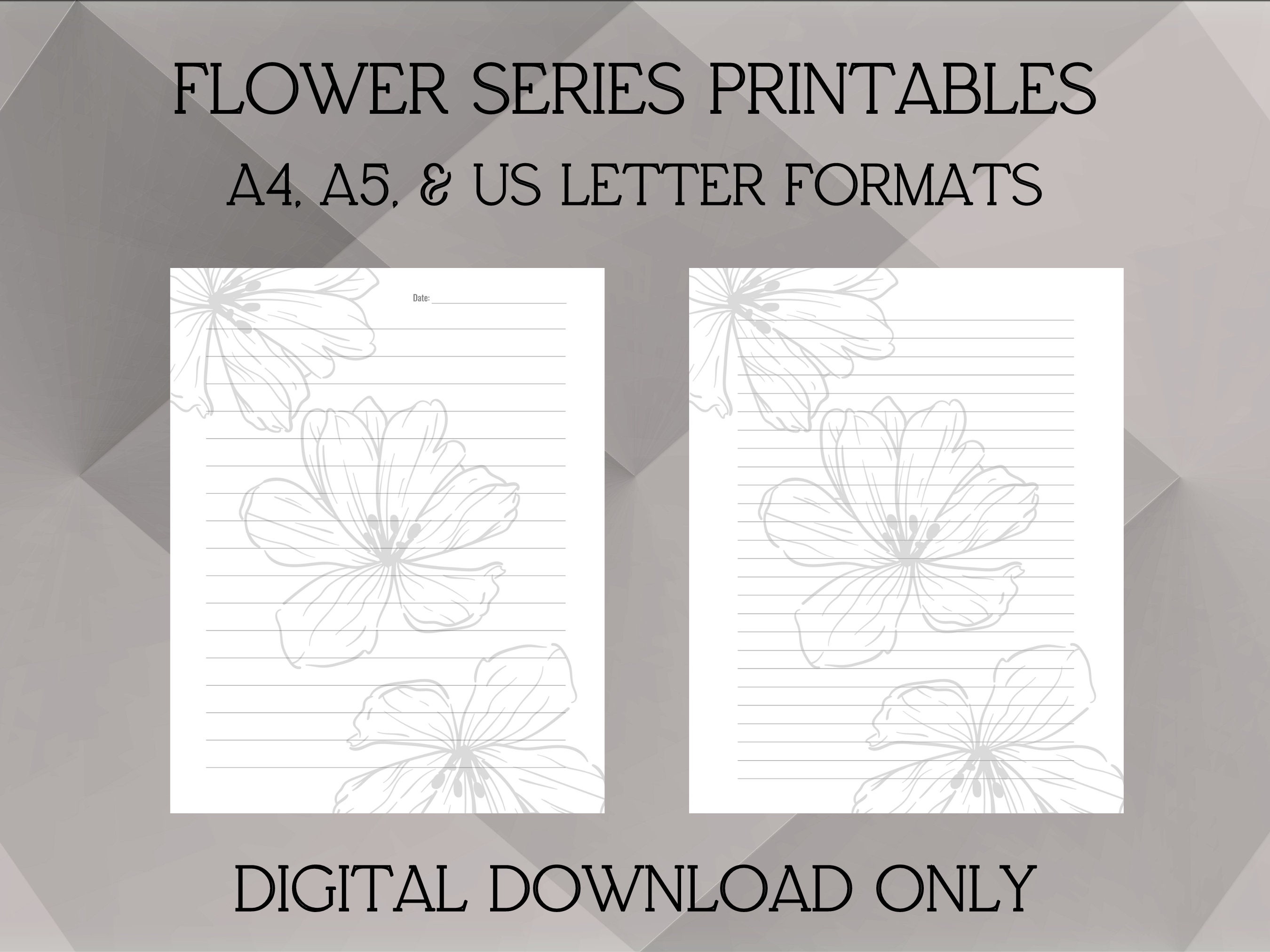 Black Flower Journal Printable, Digital Stationery Paper, Lined Paper ...