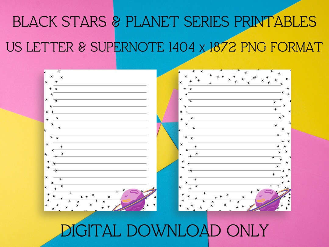 Black Stars & Planet Series Printable, Digital Stationery Paper, Black ...