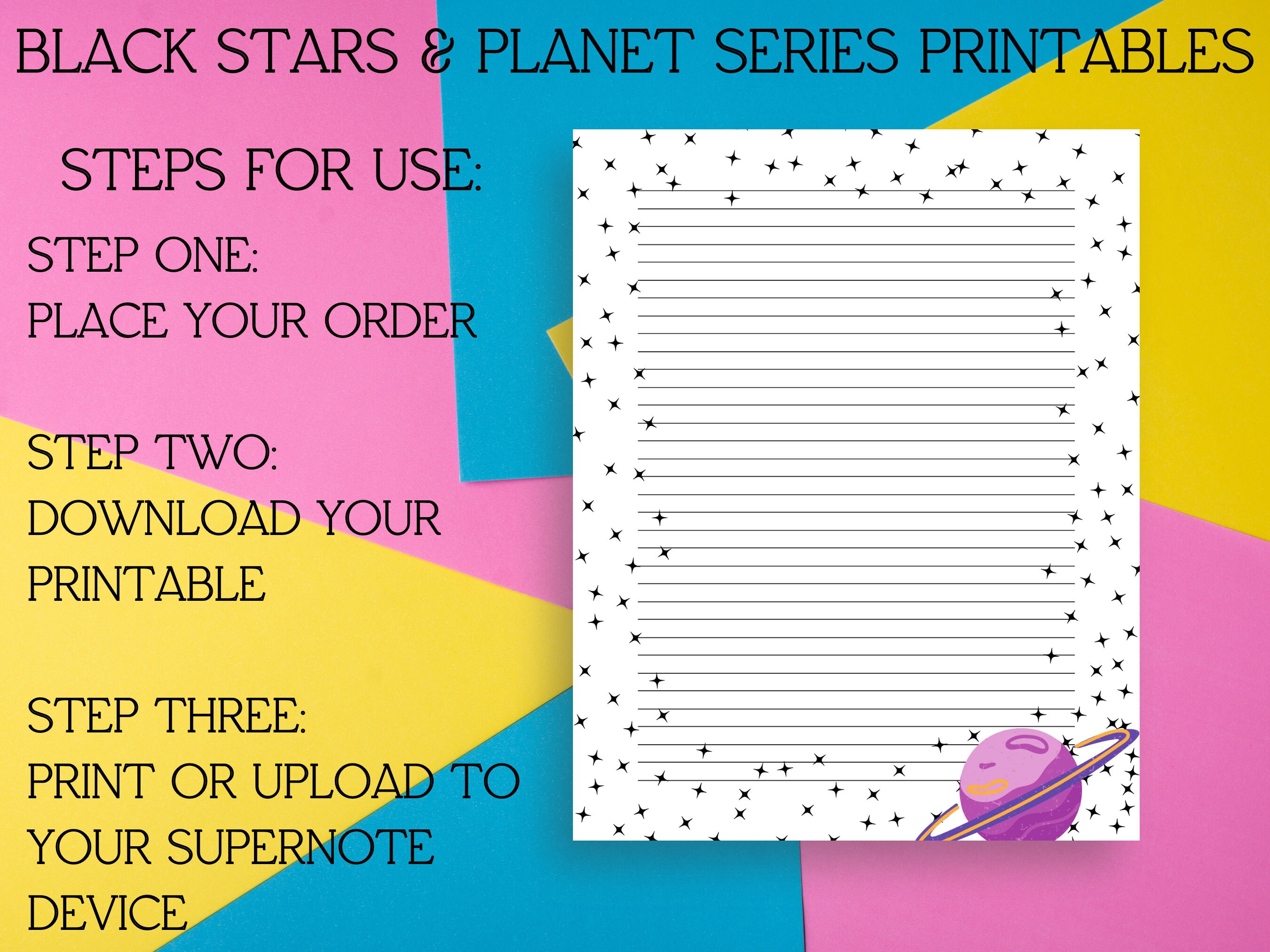 Black Stars & Planet Series Printable, Digital Stationery Paper, Black ...