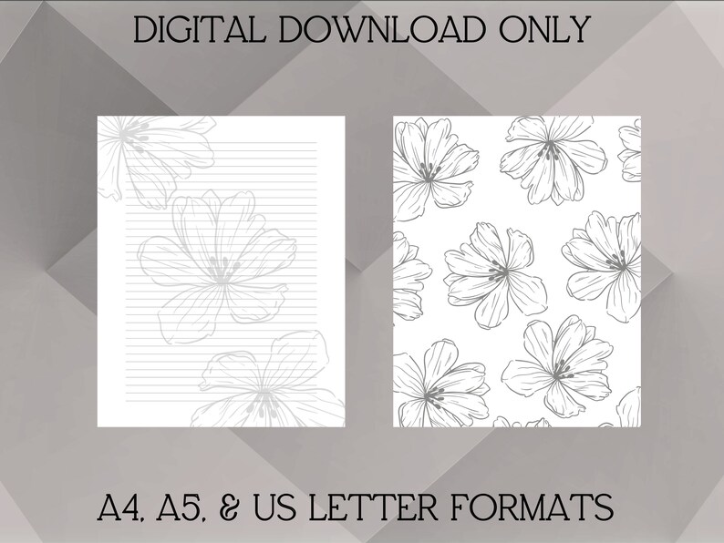 Black Flower Journal Printable, Digital Stationery Paper, Lined Paper ...