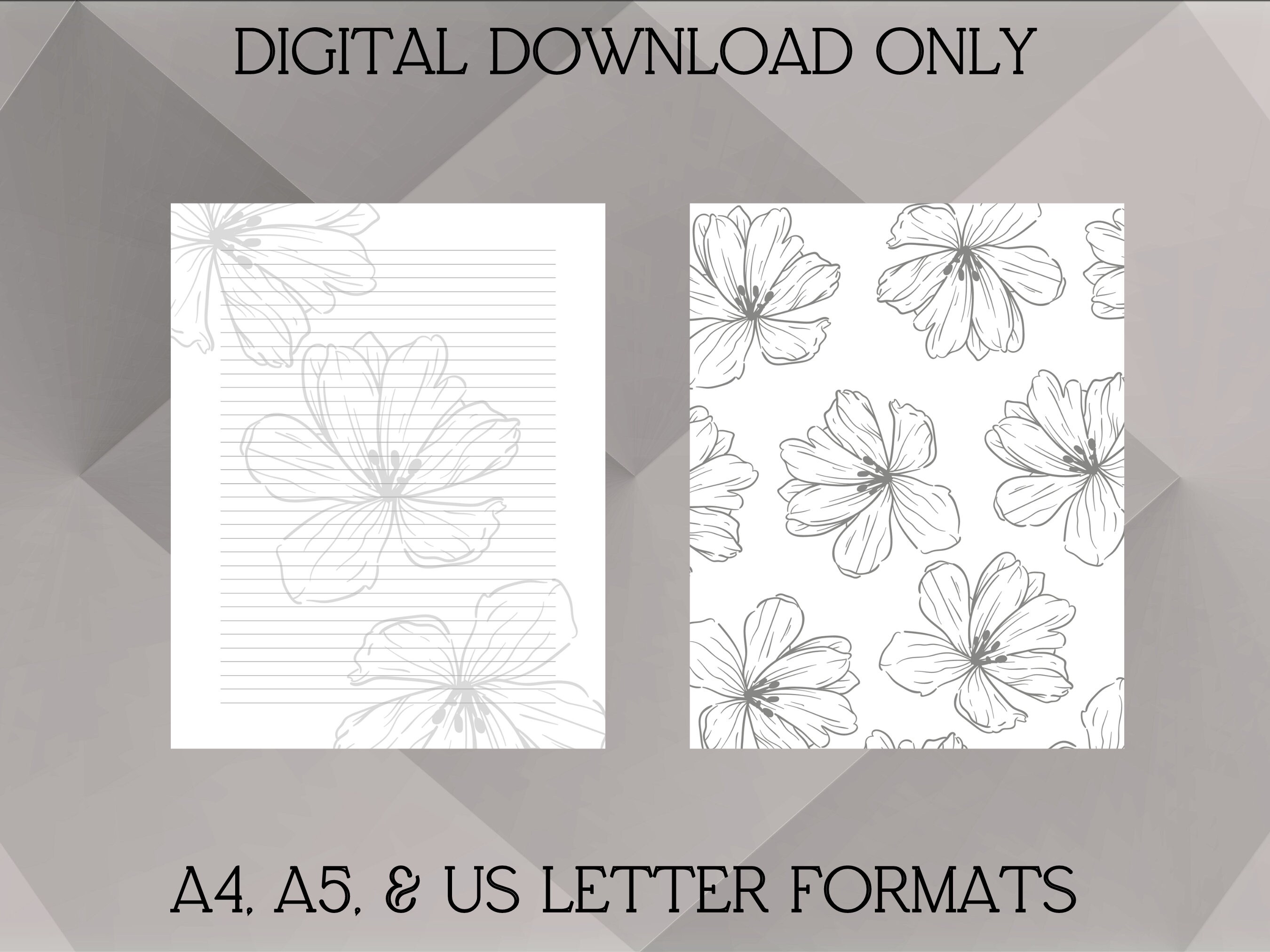 Black Flower Journal Printable, Digital Stationery Paper, Lined Paper ...