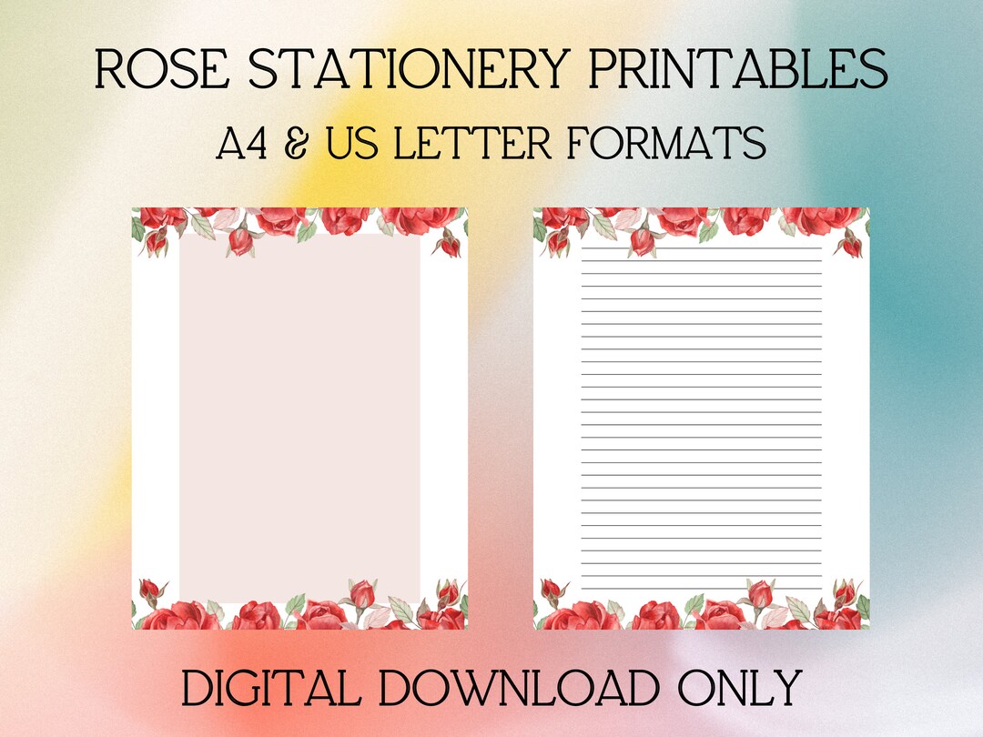 Rose Stationery Printable, Digital Stationery Paper, Rose Lined Paper ...