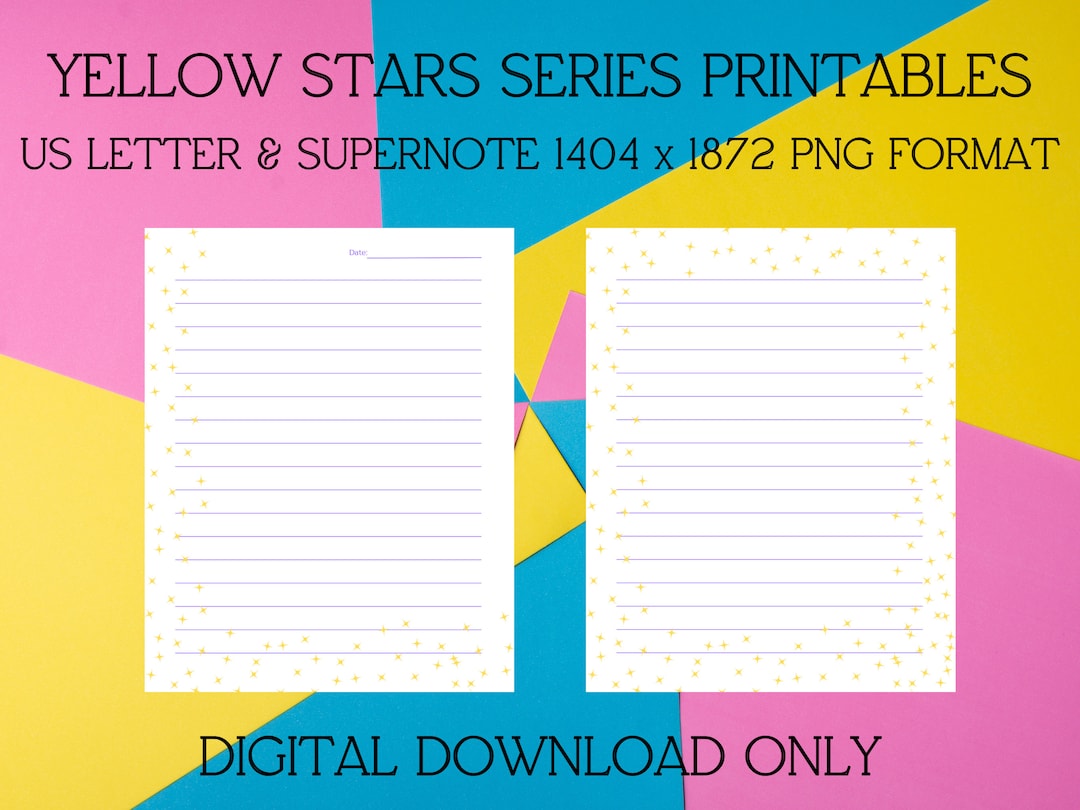 Yellow Stars Series Printable, Yellow Stars Digital Stationery Paper, Lined Paper, Unlined Paper ...