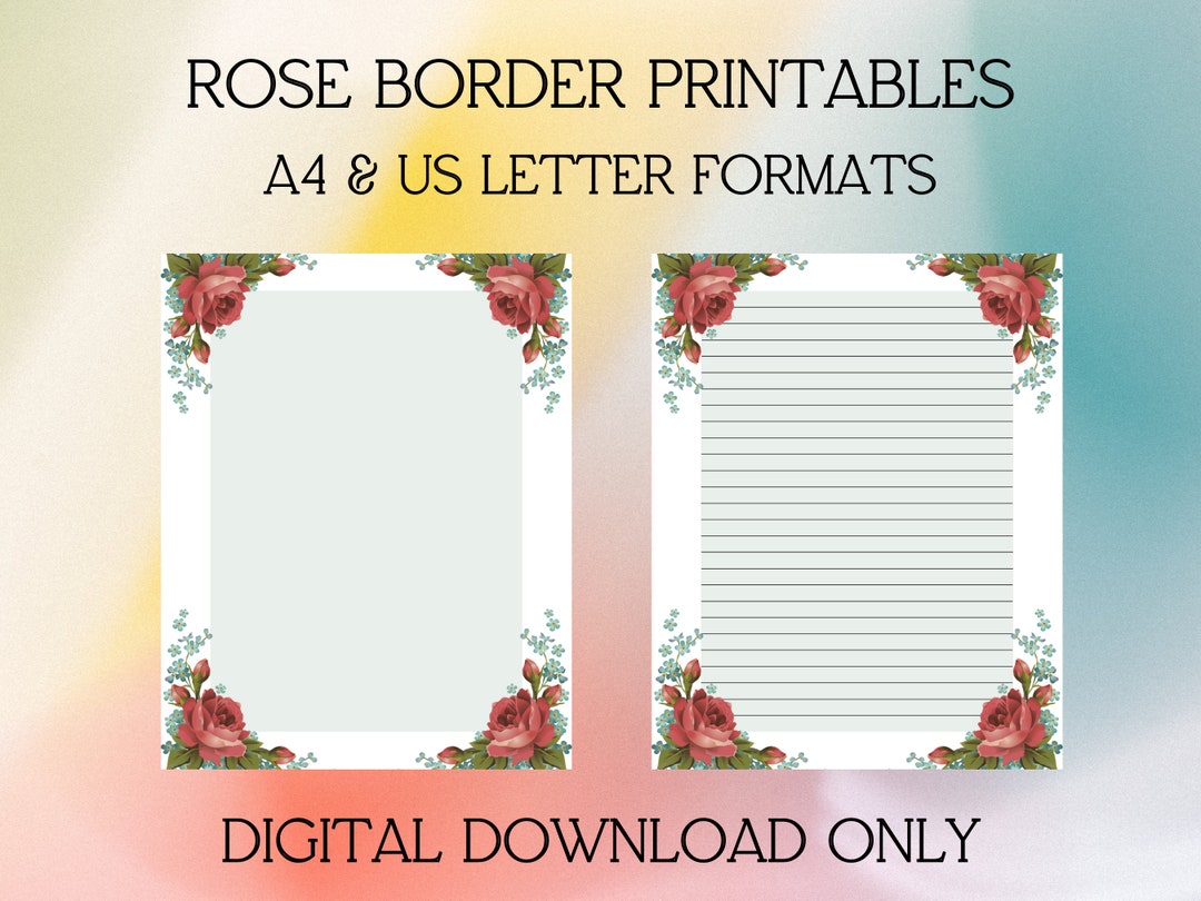 Rose Border Printable, Digital Stationery Paper, Rose Lined Paper, Rose ...