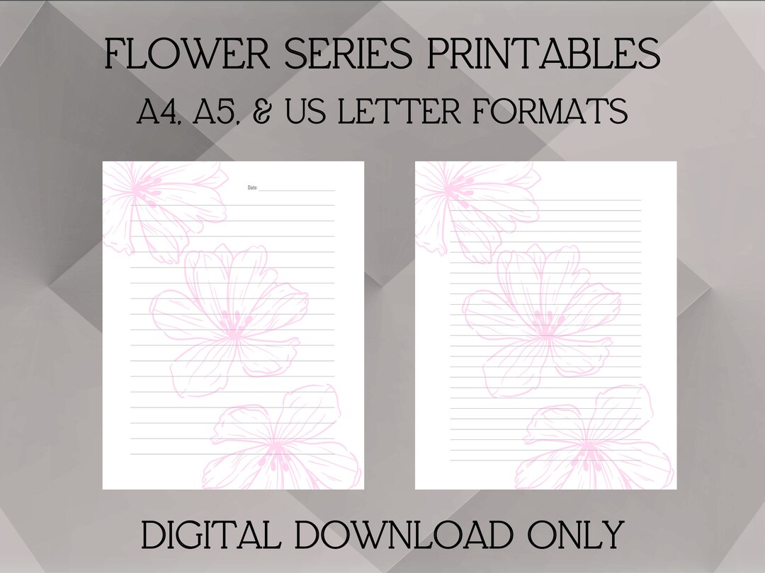 Pink Flower Journal Printable, Digital Stationery Paper, Lined Paper ...