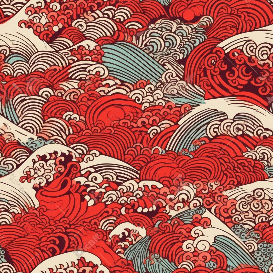 Seamless Pattern Set Japanese Tattoo Waves Red - Etsy