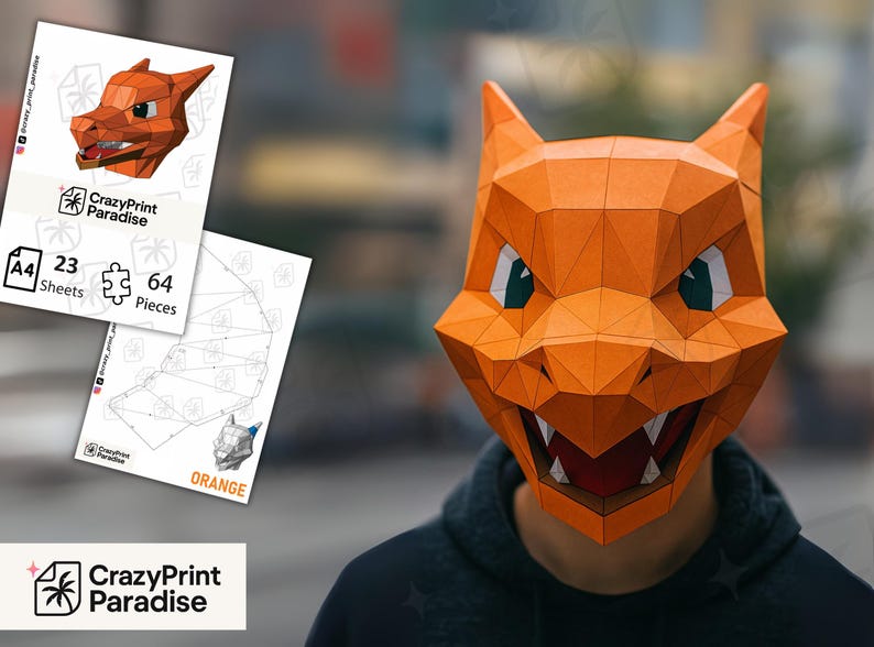 Charizard Papercraft Mask Template - 3D Low Poly DIY Mask - PDF ...