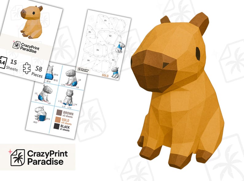 Capybara Papercraft Template – Cute 3D Low Poly Paper Model, DIY Animal ...