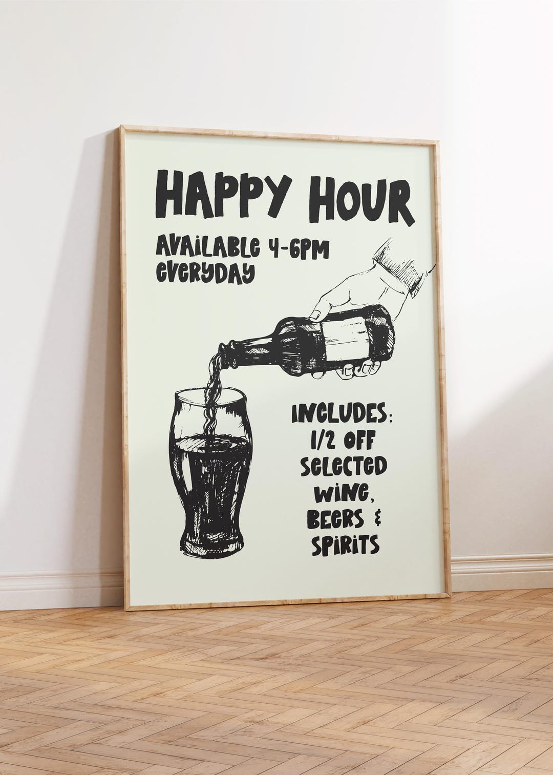 Happy Hour Print, Retro Kitchen Prints, Alcohol Wall Art, Bar Print ...