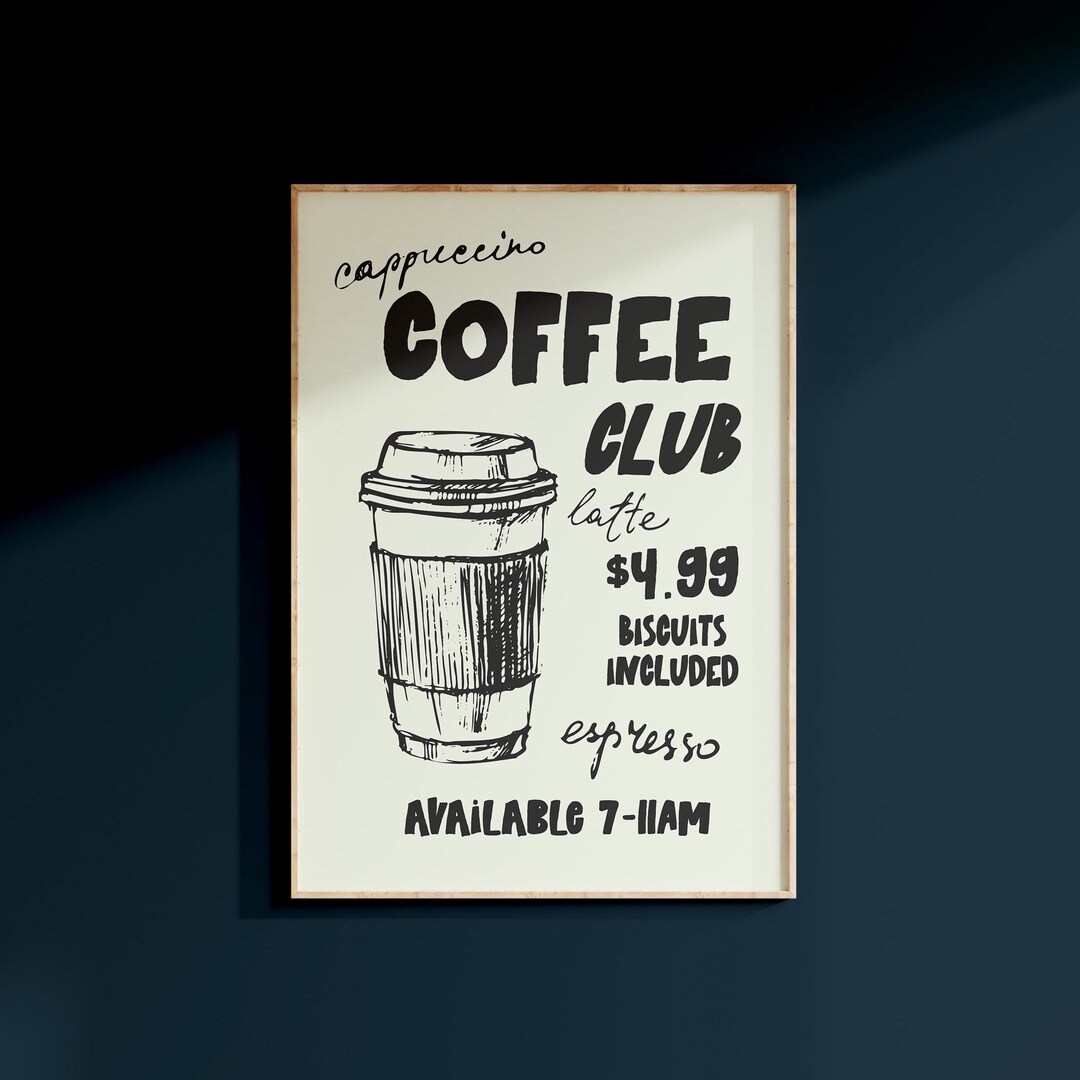 Coffee Club Print, Retro Kitchen Prints, Coffee Wall Art, Coffee Print ...