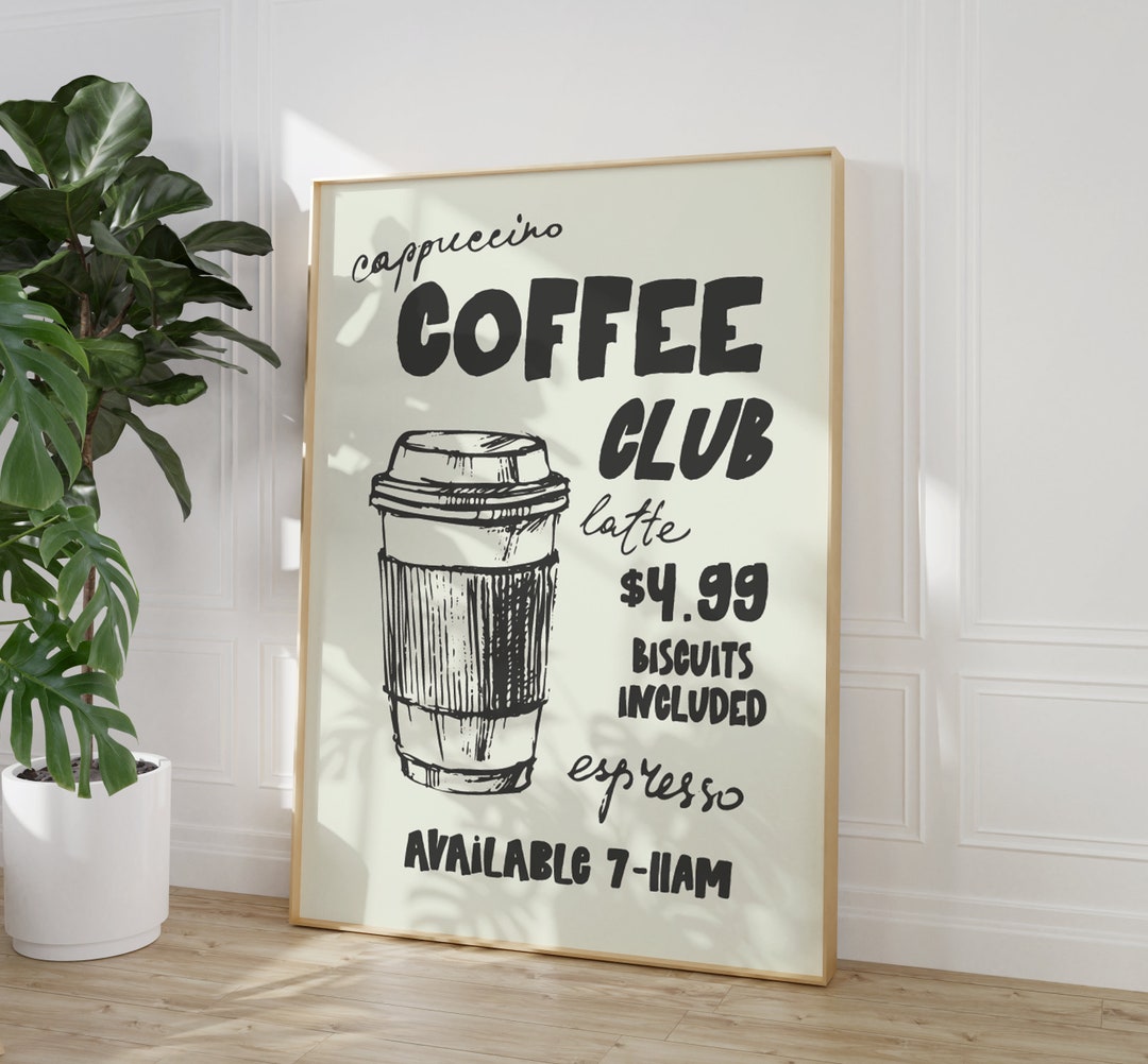 Coffee Club Print, Retro Kitchen Prints, Coffee Wall Art, Coffee Print ...