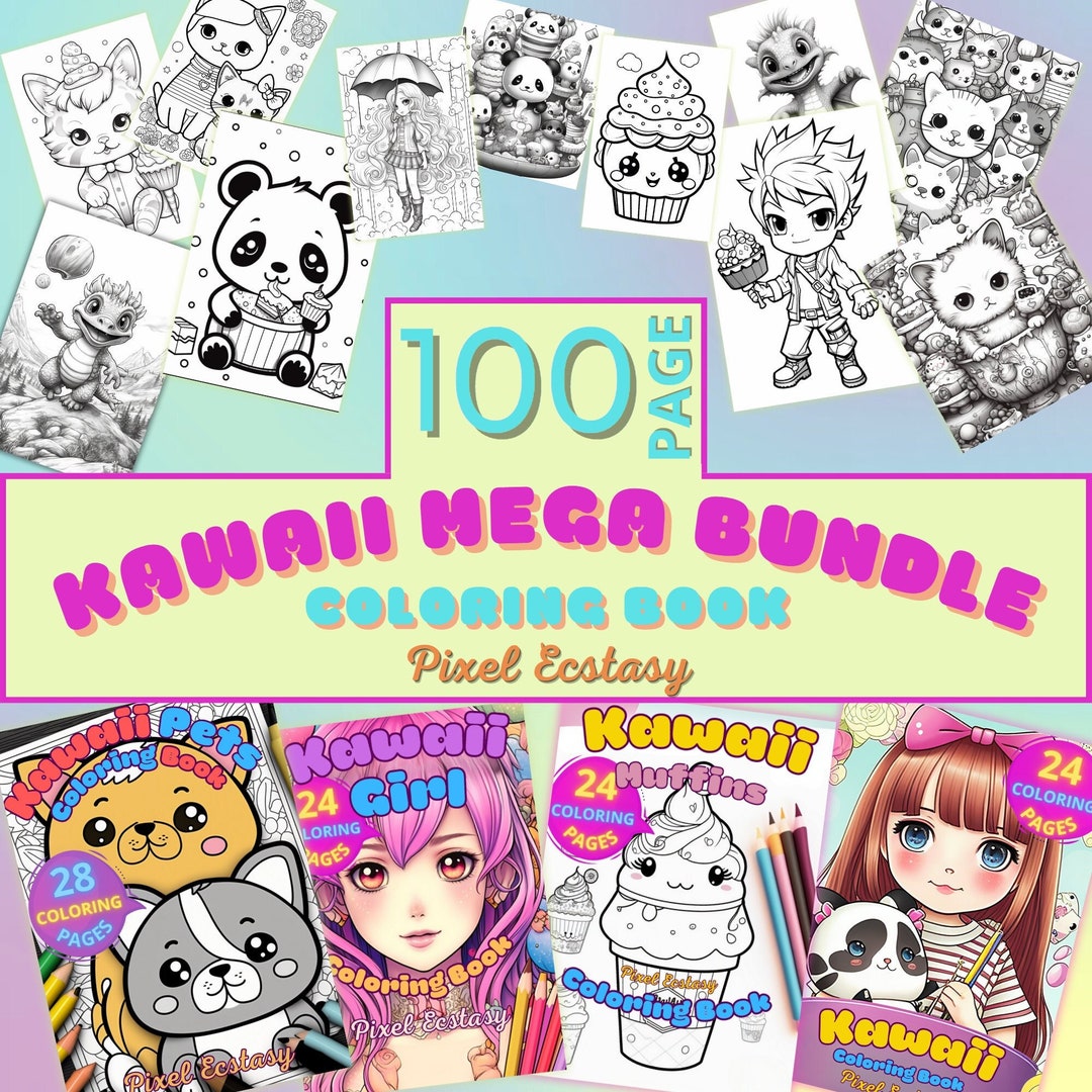 Kawaii Mega Bundle 100 Coloring Pages Four Books Fantasy Anime ...