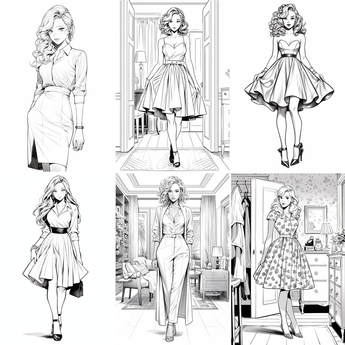 55 Page Pin Up Girls 2 Modern Clip Art Waifu Grayscale Etsy