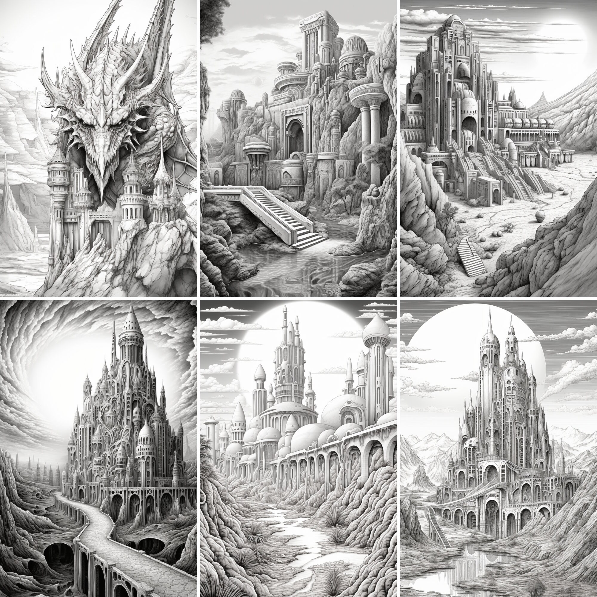 54 Page Castles & Dragons Fantasy Medieval Instant Download Grayscale ...