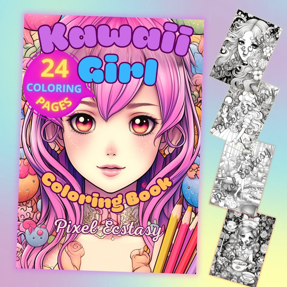 Kawaii Mega Bundle 100 Coloring Pages Four Books Fantasy Anime ...