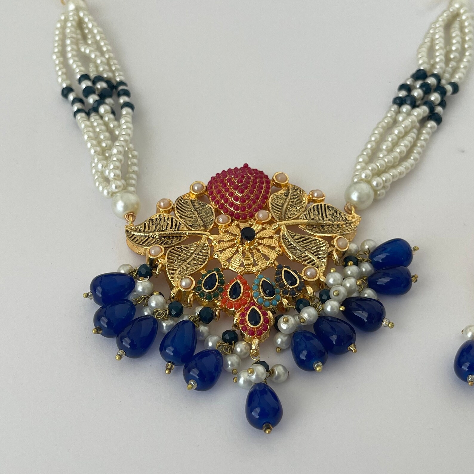 Nauratan Pearl Necklace Set; Indian/pakistani Jewelry/ Adjustable ...