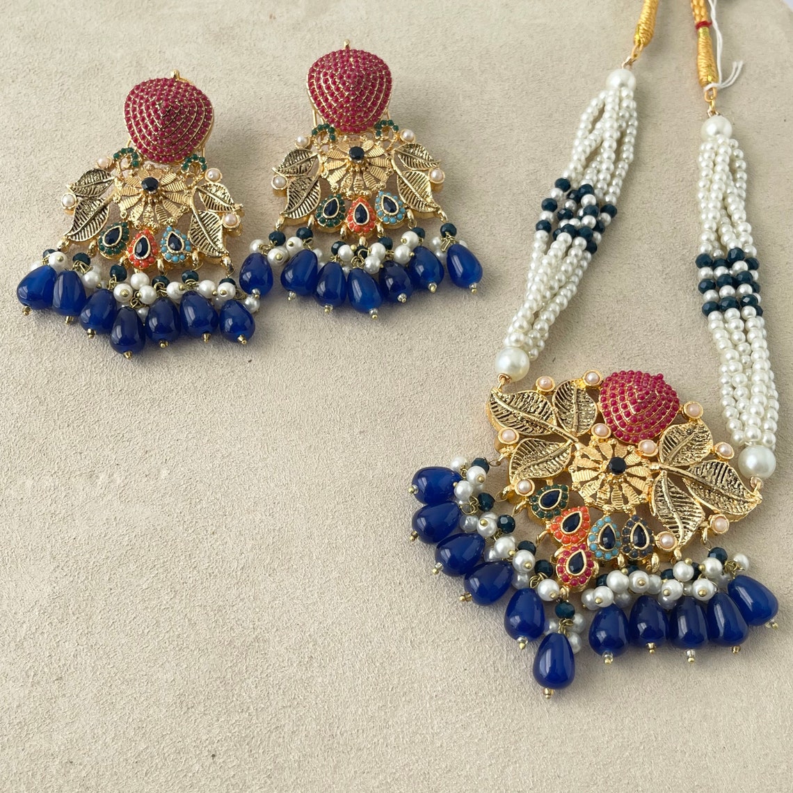 Nauratan Pearl Necklace Set; Indian/pakistani Jewelry/ Adjustable ...