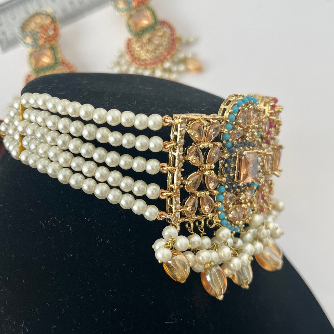 Nauratan Pearl Necklace Set; Indian/pakistani Jewelry/ Adjustable ...