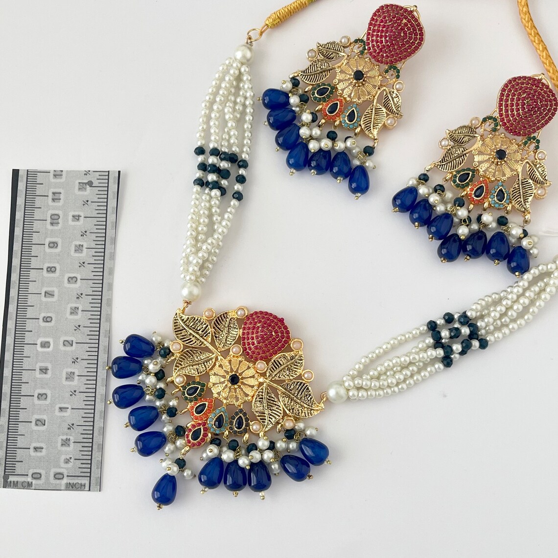 Nauratan Pearl Necklace Set; Indian/pakistani Jewelry/ Adjustable ...