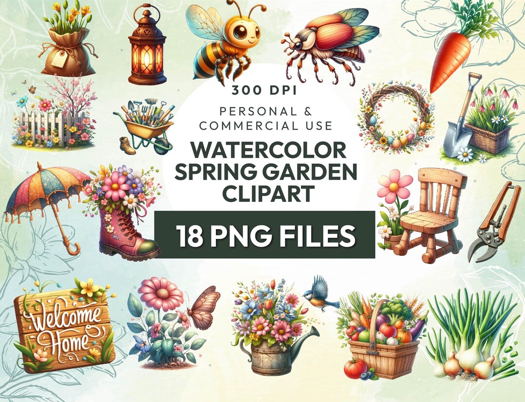 18 Watercolor Spring Garden Clipart Bundle, Spring Garden Illustrations ...
