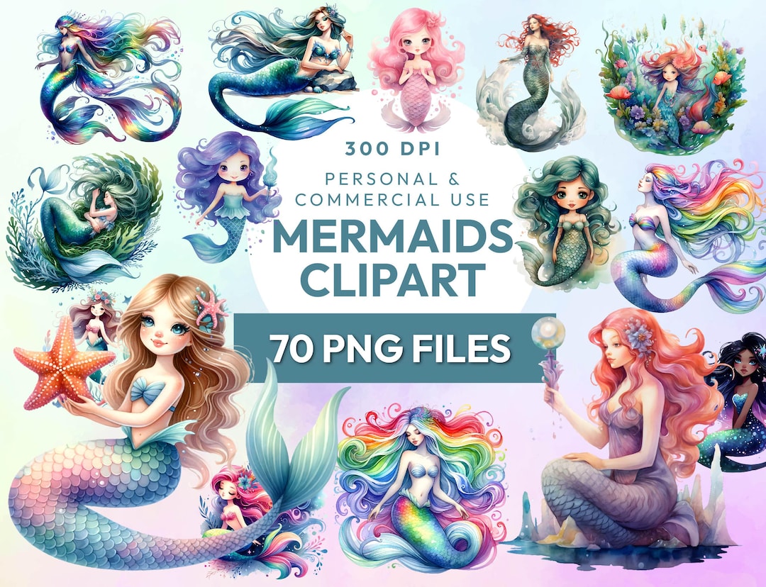 70 Watercolor Mermaids Clipart Bundle | Cute Mermaid PNG | Sea ...