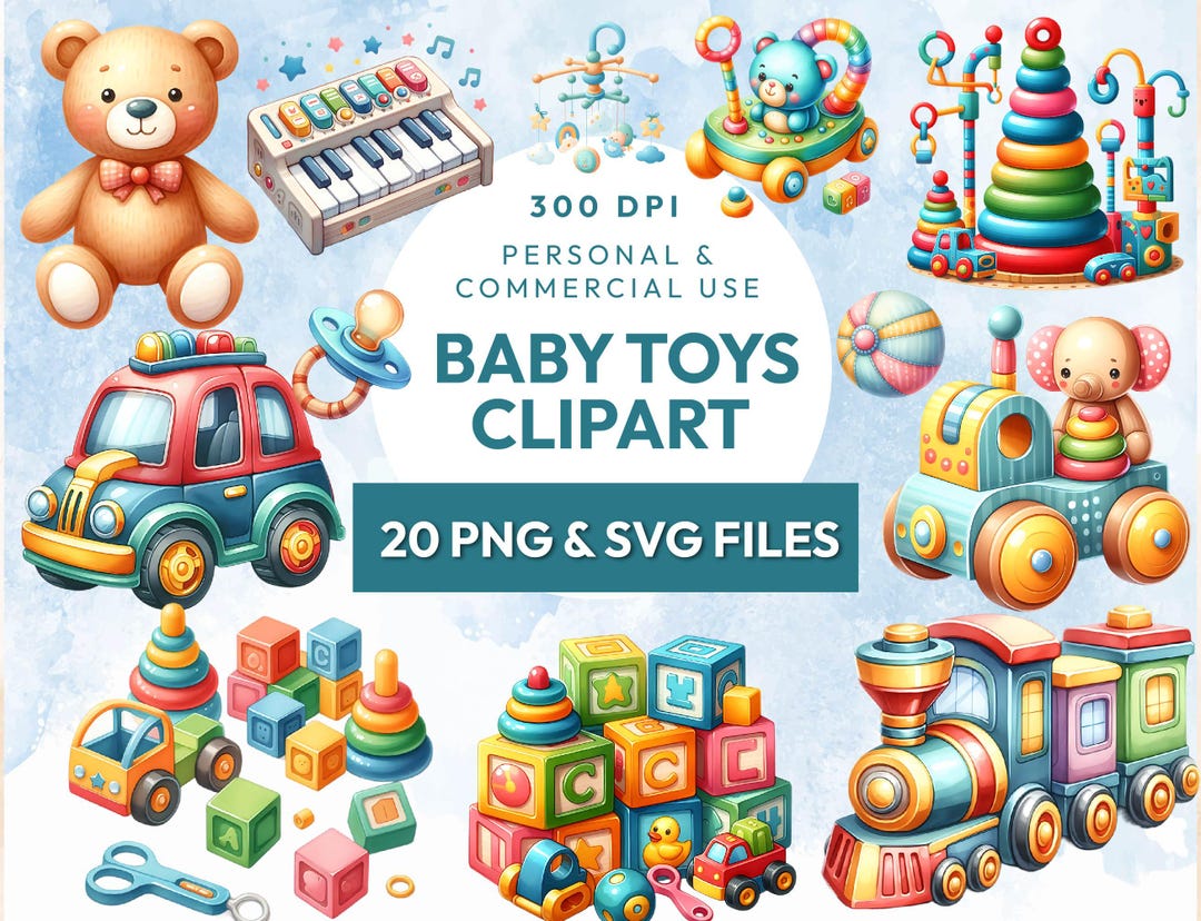 20 Watercolor Baby Toys Clipart SVG and PNG Bundle, Wooden Blocks ...
