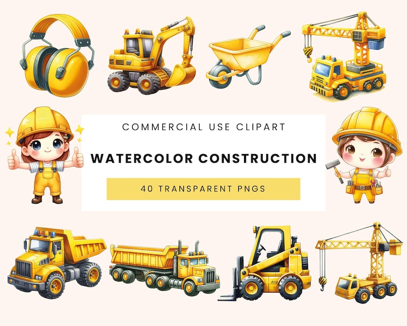 40 Watercolor Construction Clipart PNG & SVG Bundle Construction ...