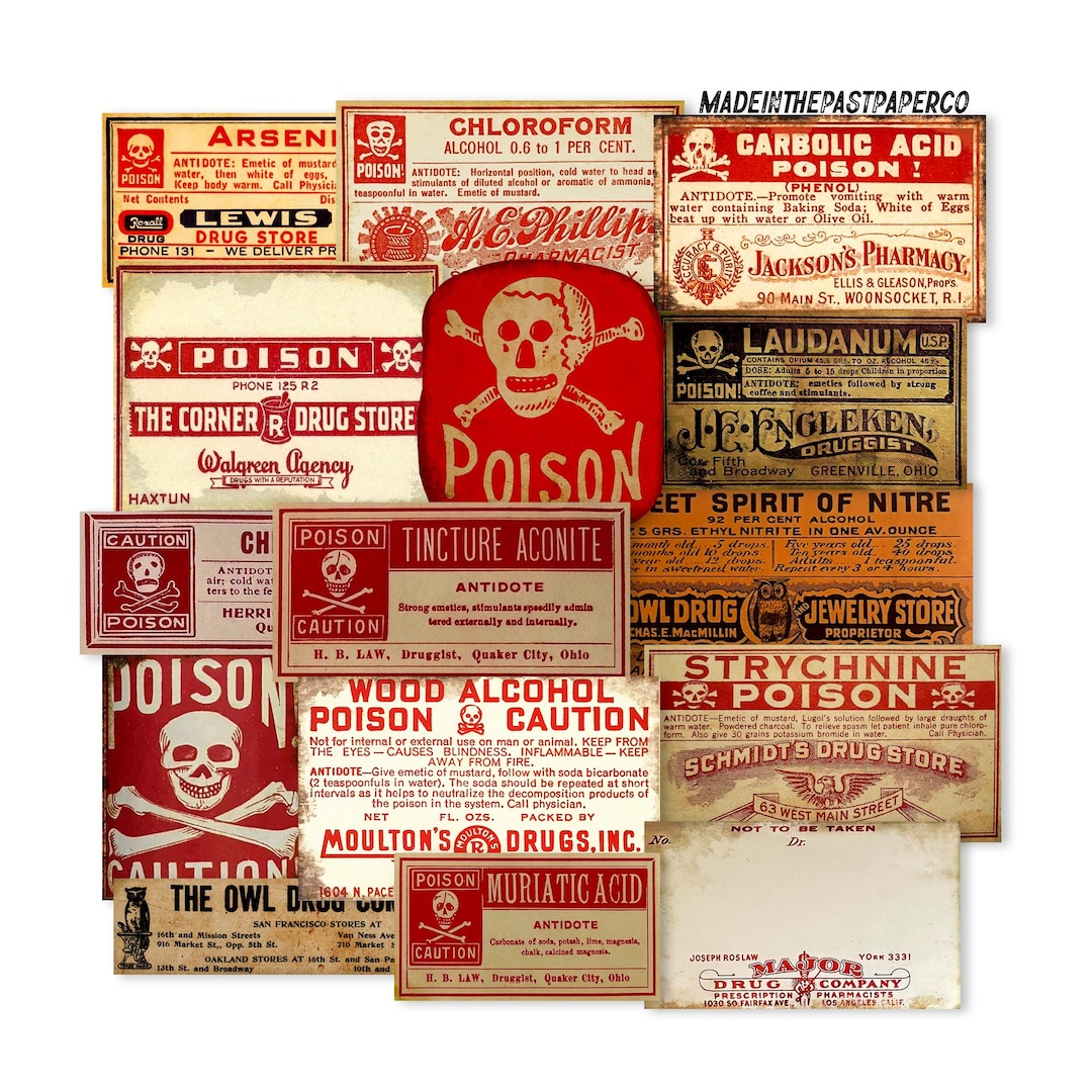 15pc Vintage Druggist Pharmacy Labels, Antique Poison Labels ...