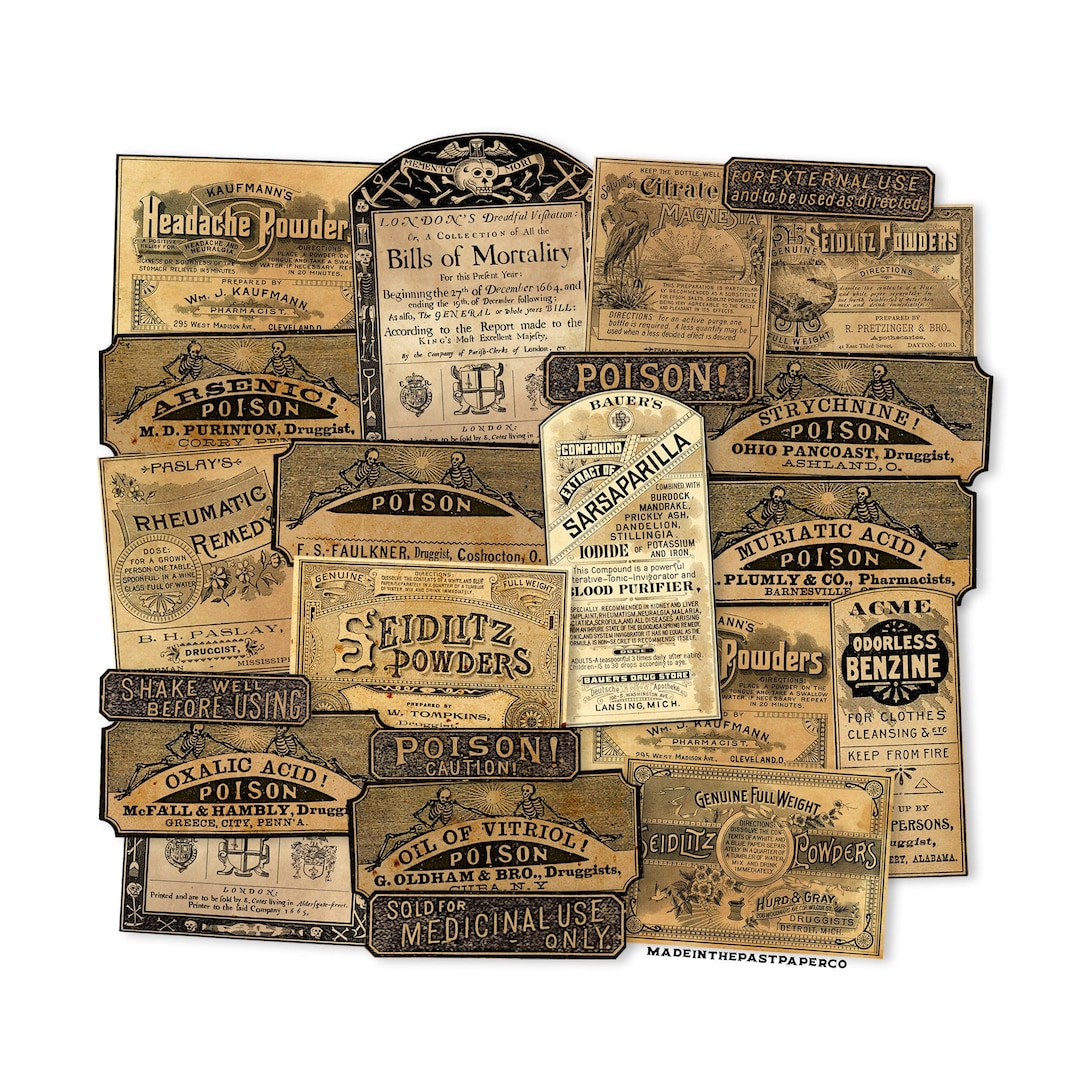 20pc Vintage Druggist Pharmacy Labels, Antique Poison Labels ...