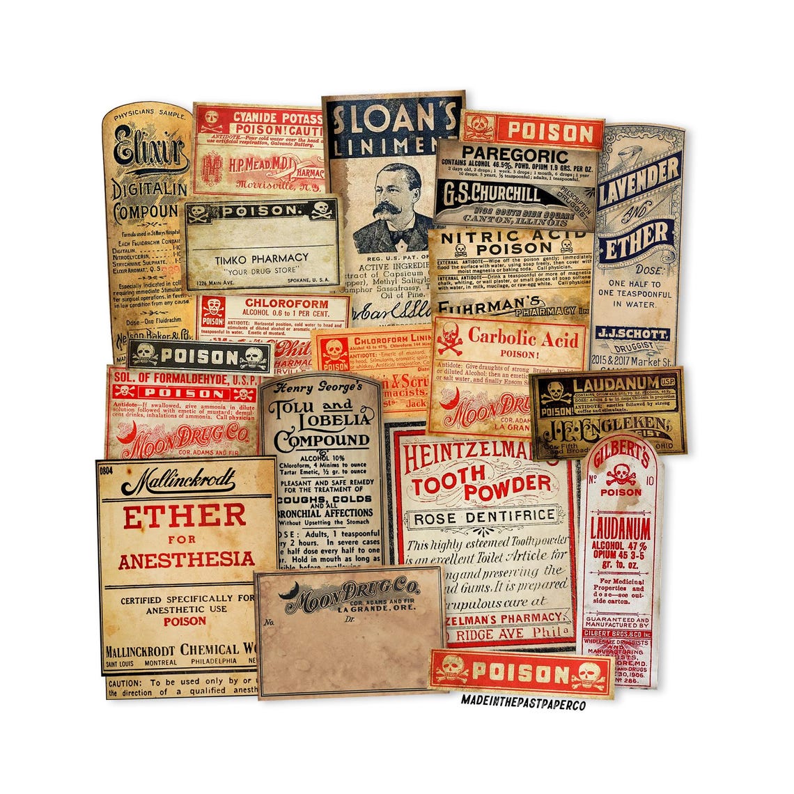 20pc Vintage Druggist Pharmacy Labels, Antique Poison Labels ...