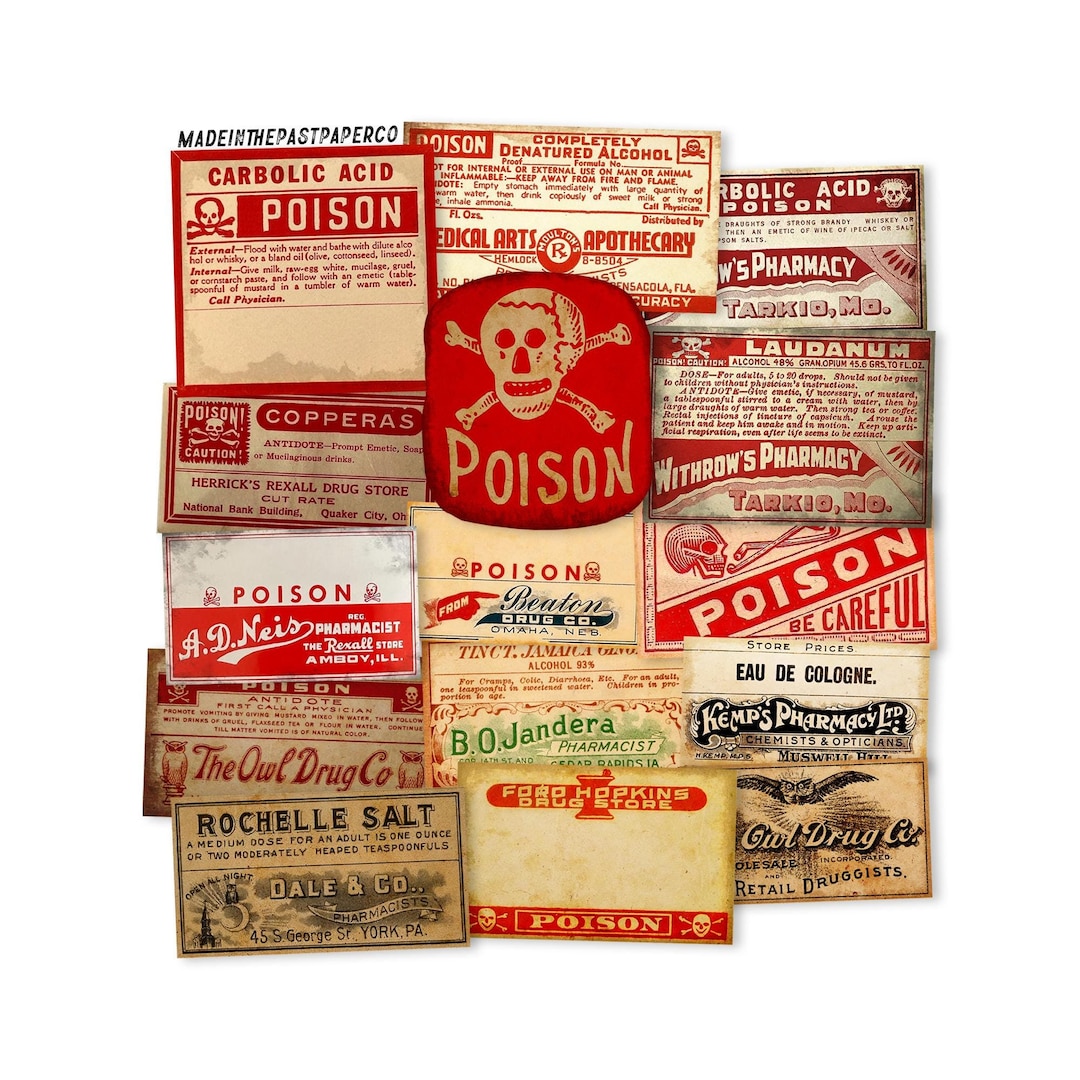 15pc Vintage Druggist Pharmacy Labels, Antique Poison Labels ...