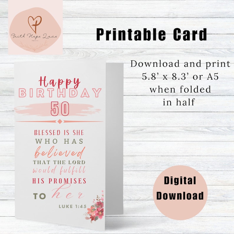 50th Birthday Card Printable, Christian Happy 50th Birthday Card - Etsy