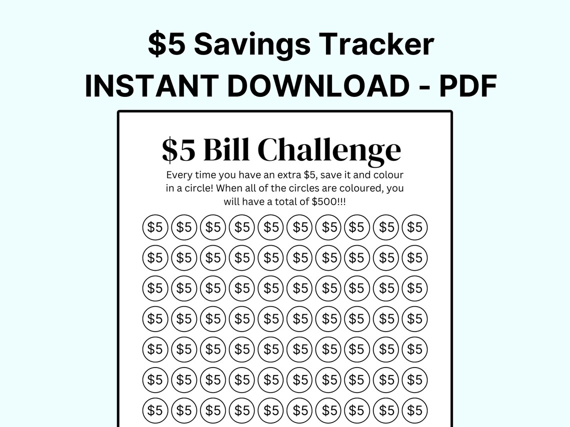 5 Dollar Bill Savings Tracker Printable 5 Dollar Bill Etsy Canada
