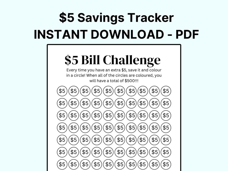 5 Dollar Bill Savings Tracker, Printable 5 Dollar Bill Challenge, Cash ...