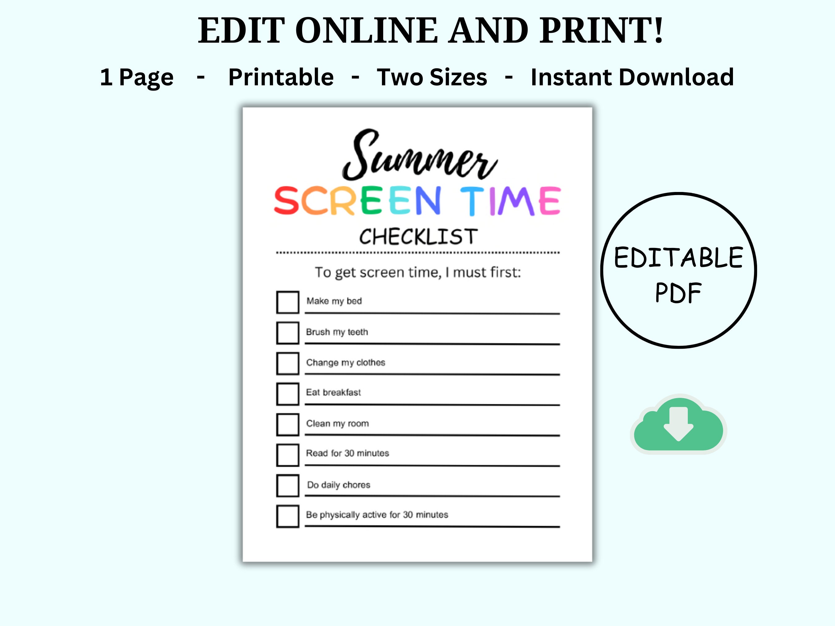 Summer Screen Time Checklist, Editable Screen Time Chore Chart, Rules ...